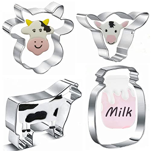 Cow Shaped Cookie Cutters Set of 4 pcs, Stainless Steel Milk Cow Fondant Cutter Molds Baking DIY