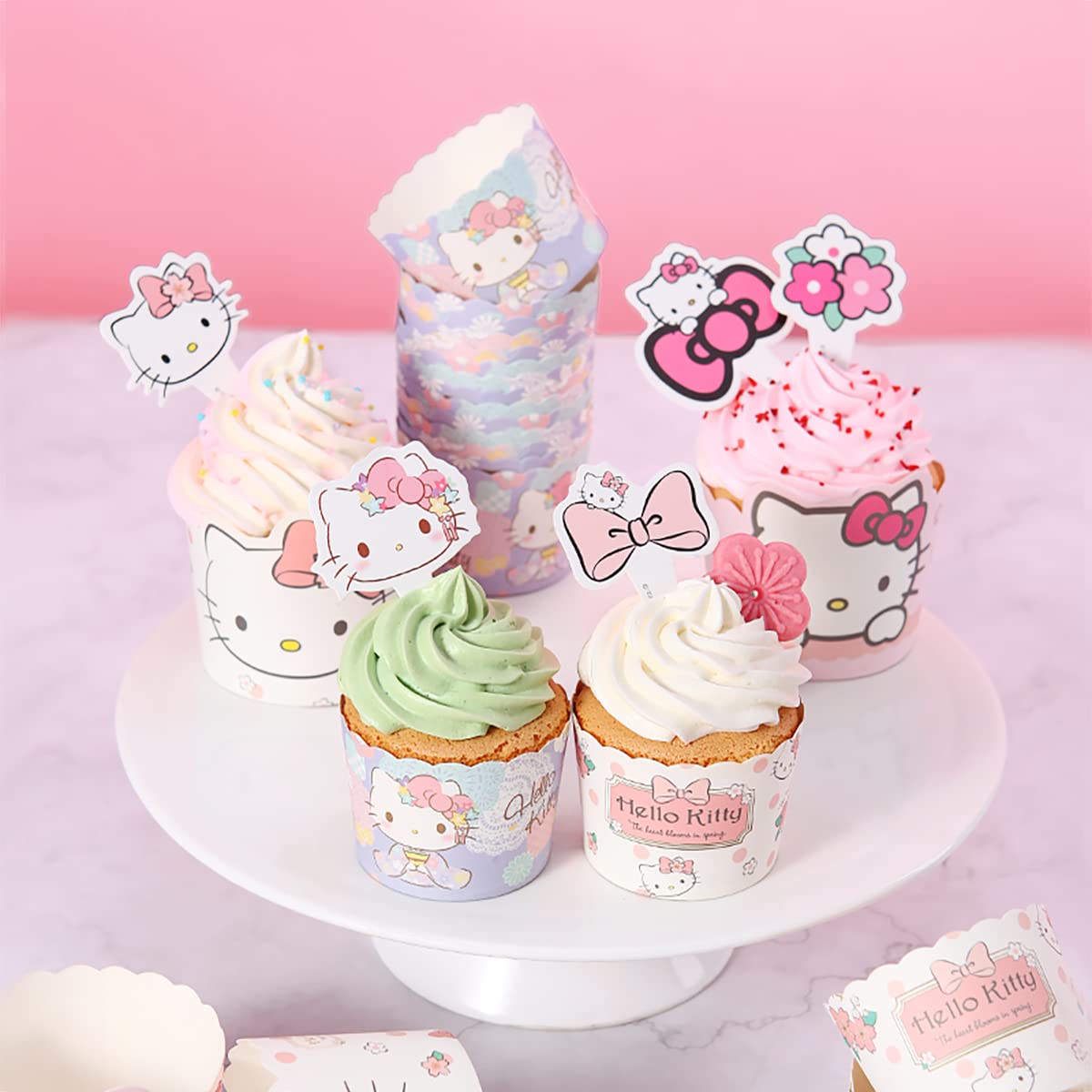 CHEFMADE 100 Pack Baking Cups Liner, 2 Oz Hello Kitty Cupcake Liners with 200Pack Mini Card, Cupcake Paper Cups for Muffins Desserts, Bake Sales, Wedding Table Decor, Baby Showers, Party Treats