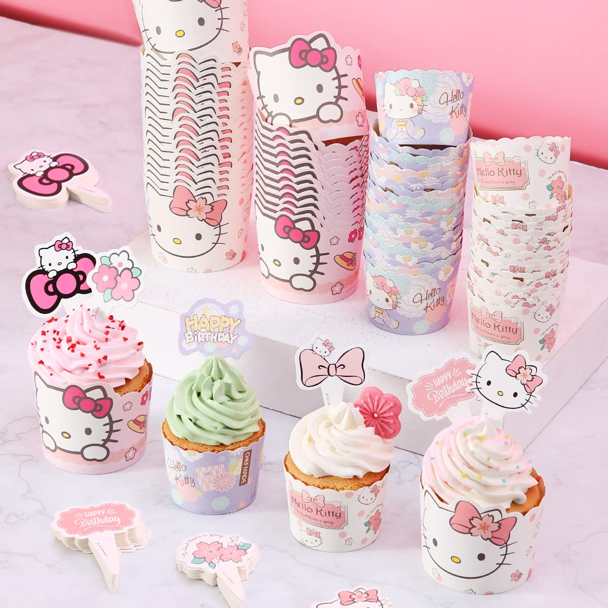 CHEFMADE 100 Pack Baking Cups Liner, 2 Oz Hello Kitty Cupcake Liners with 200Pack Mini Card, Cupcake Paper Cups for Muffins Desserts, Bake Sales, Wedding Table Decor, Baby Showers, Party Treats