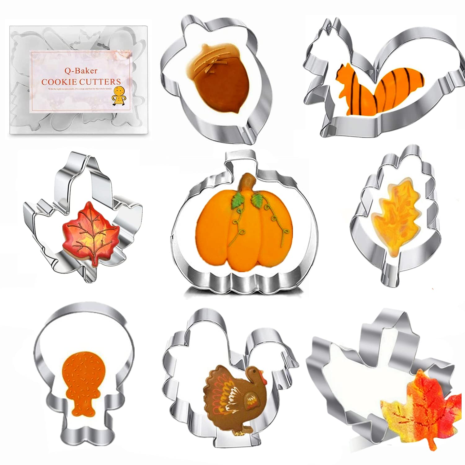 Thanksgiving Cookie Cutters 8PCS Fall Leaves Cookie Cutter Set Turkey, Pumpkin, Maple/Oak Leaf, Corn,Squirrel and Acorn Turkey Leg