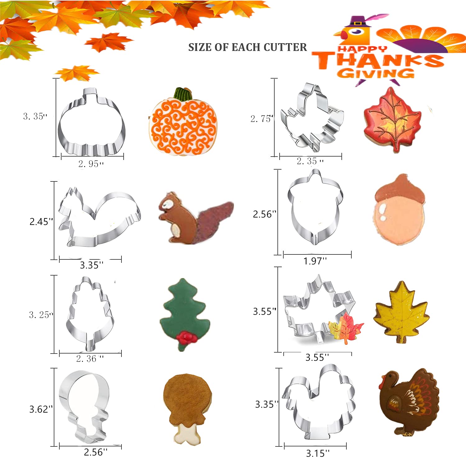 Thanksgiving Cookie Cutters 8PCS Fall Leaves Cookie Cutter Set Turkey, Pumpkin, Maple/Oak Leaf, Corn,Squirrel and Acorn Turkey Leg