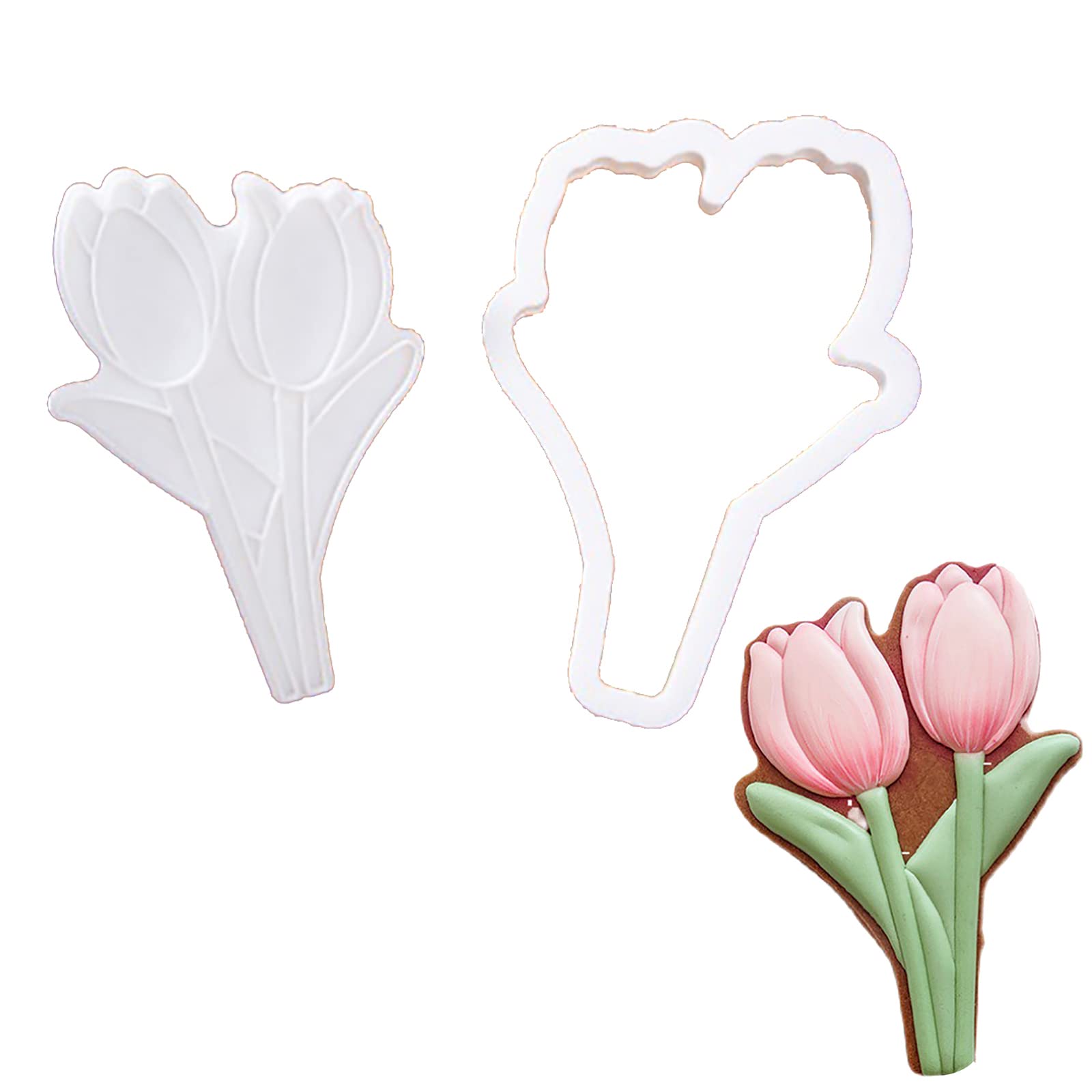 Mothers Day Fondant Embosser Tulips Shape 3D Design Cookie Stamp for Baking Cookies Decorating, Fondant Cookie Cutters (Double tulips)