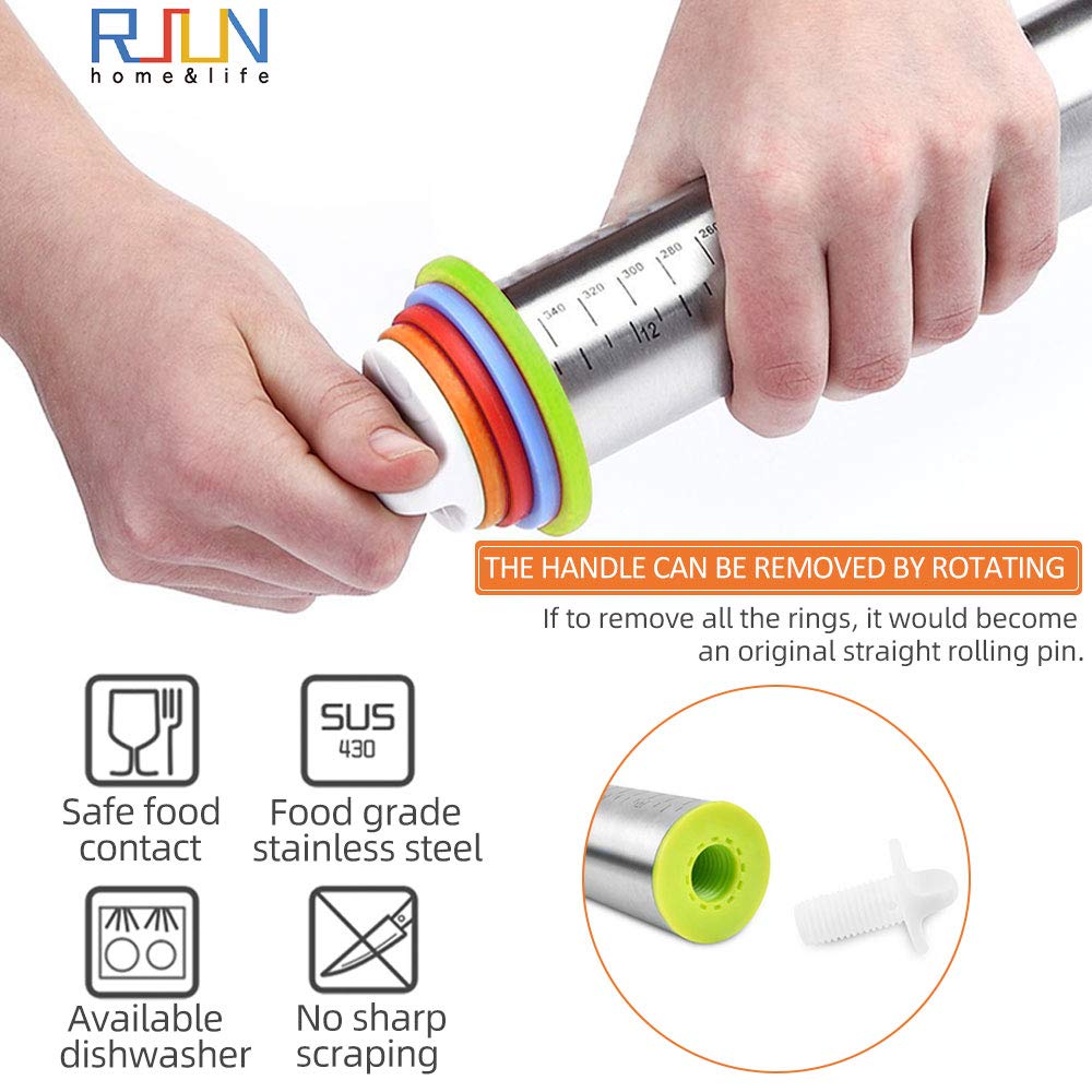 RJUN Stainless Steel Rolling Pin with Thickness Rings and Pastry Mat Set for Baking Cookie Chapati Fondant Dough Pastry Pizza Pie Crust