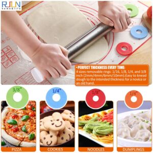 RJUN Stainless Steel Rolling Pin with Thickness Rings and Pastry Mat Set for Baking Cookie Chapati Fondant Dough Pastry Pizza Pie Crust