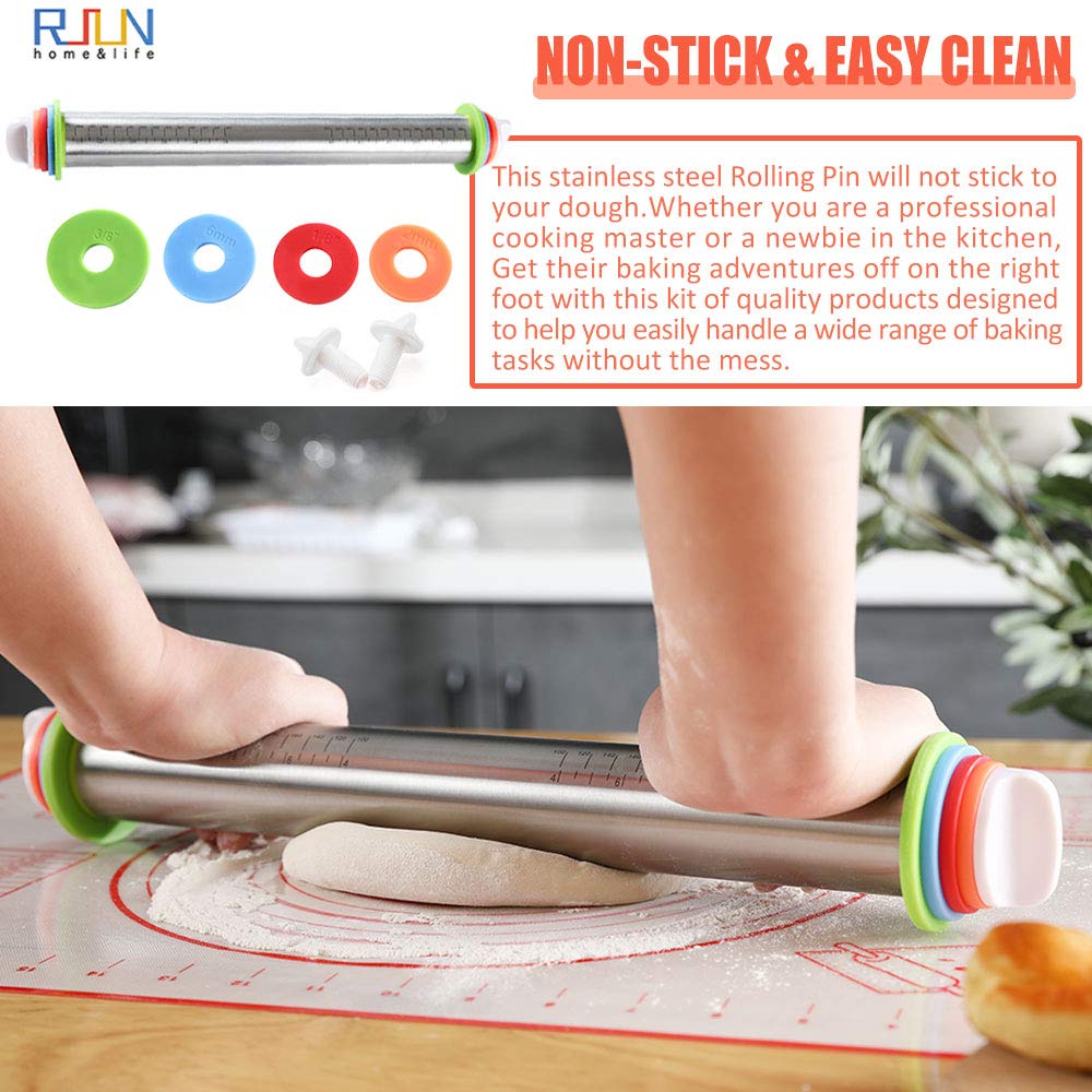 RJUN Stainless Steel Rolling Pin with Thickness Rings and Pastry Mat Set for Baking Cookie Chapati Fondant Dough Pastry Pizza Pie Crust