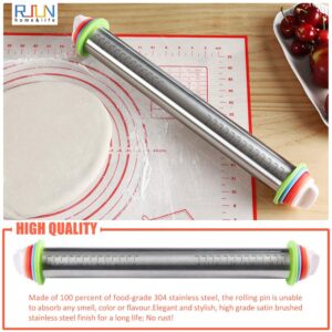 RJUN Stainless Steel Rolling Pin with Thickness Rings and Pastry Mat Set for Baking Cookie Chapati Fondant Dough Pastry Pizza Pie Crust