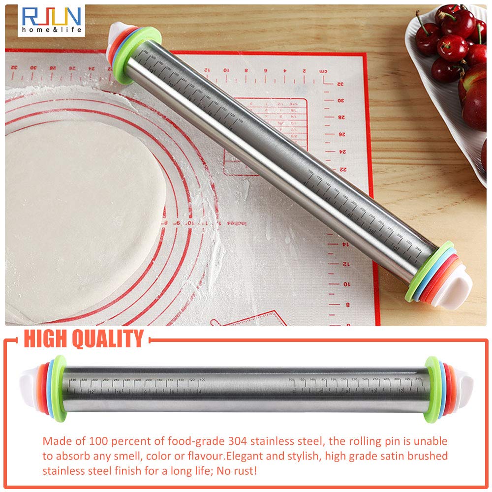 RJUN Stainless Steel Rolling Pin with Thickness Rings and Pastry Mat Set for Baking Cookie Chapati Fondant Dough Pastry Pizza Pie Crust