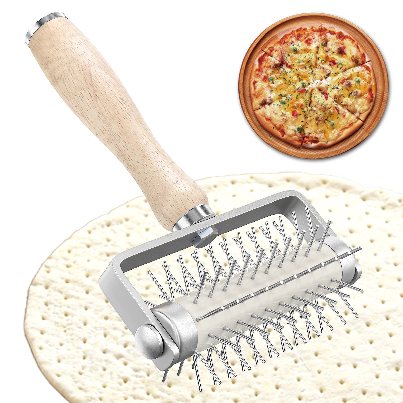 Pizza Dough Docker and Pastry Roller with Stainless Steel Spikes - Prevents Dough from Blistering - Commercial-Grade Pizza Making Tool