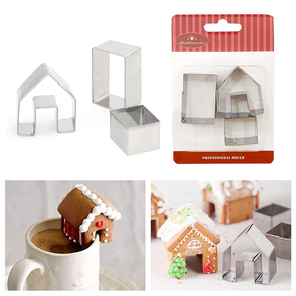 3Pcs Christmas House Cookie Cutter Set, Mini Ginger House Stainless Steel Cookie Cutter, Chocolate Little House Biscuit Mold, DIY Baking Decorating Tools