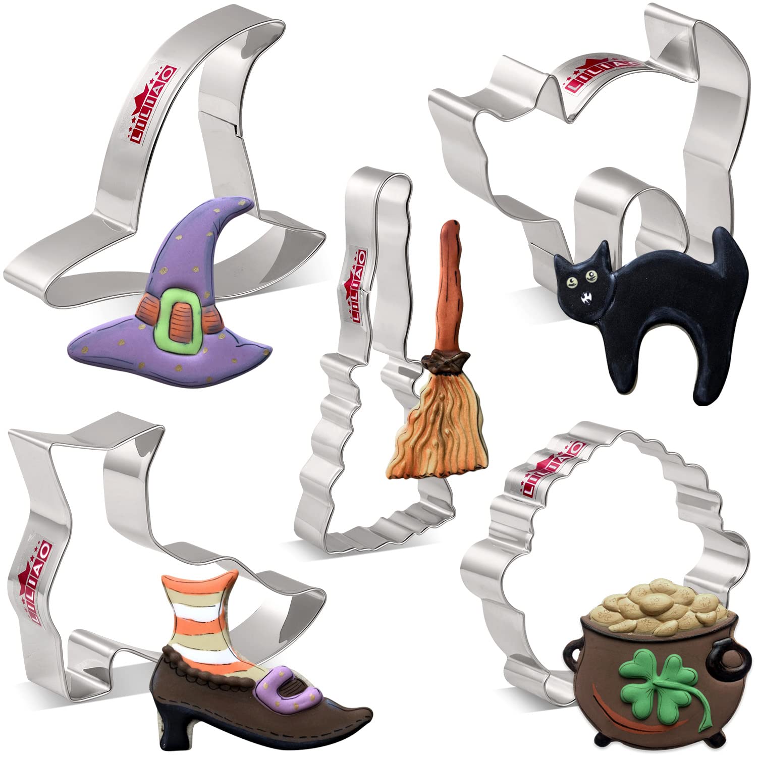 LILIAO Halloween Witch Cookie Cutter Set - 5 Piece - Witch's Hat, Witch's Shoes, Broom, Cauldron and Frightened Cat Biscuit Fondant Cutters - Stainless Steel