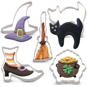 LILIAO Halloween Witch Cookie Cutter Set - 5 Piece - Witch's Hat, Witch's Shoes, Broom, Cauldron and Frightened Cat Biscuit Fondant Cutters - Stainless Steel