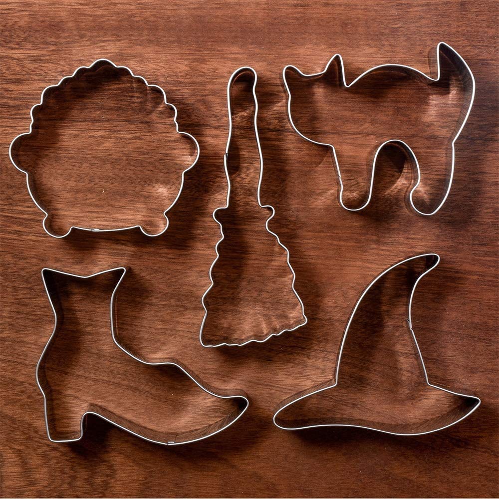 LILIAO Halloween Witch Cookie Cutter Set - 5 Piece - Witch's Hat, Witch's Shoes, Broom, Cauldron and Frightened Cat Biscuit Fondant Cutters - Stainless Steel