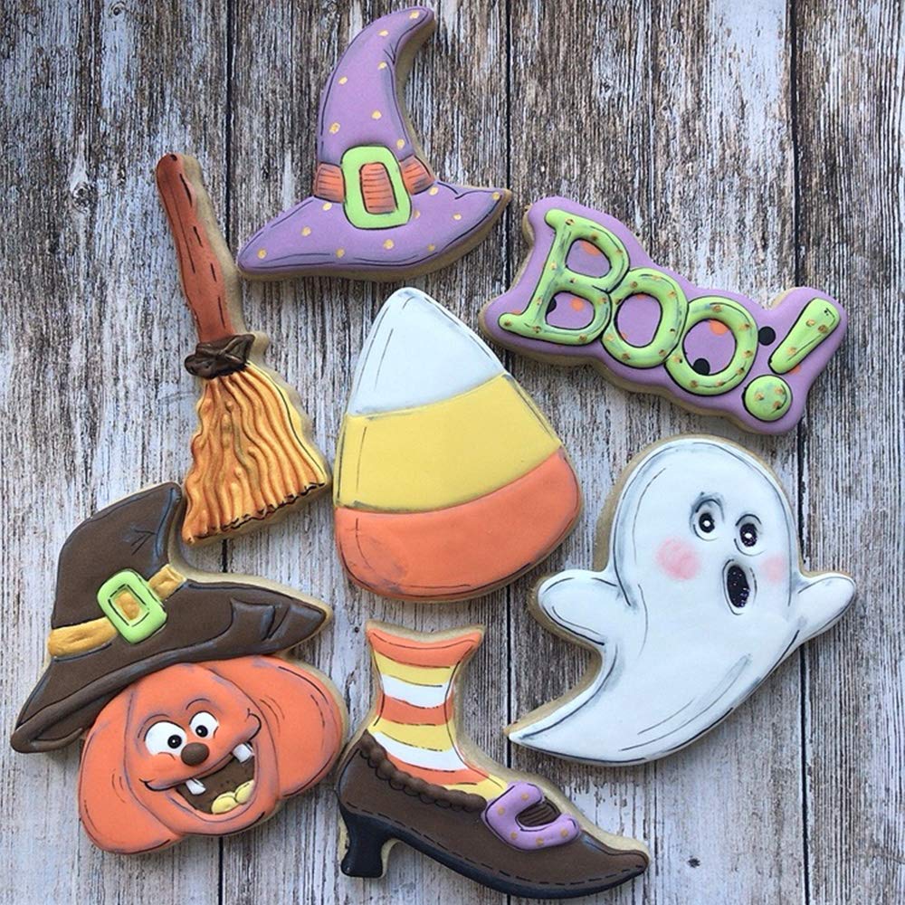 LILIAO Halloween Witch Cookie Cutter Set - 5 Piece - Witch's Hat, Witch's Shoes, Broom, Cauldron and Frightened Cat Biscuit Fondant Cutters - Stainless Steel