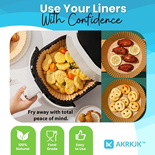 AKRKJK 50 Air Fryer Liners and 3 Magnetic Cheat Sheets - Food-Grade Disposable Air Fryer Parchment Paper Liners - Time-Saving Air Fryer Cheat Sheet Magnets - Cook Cleaner and Faster