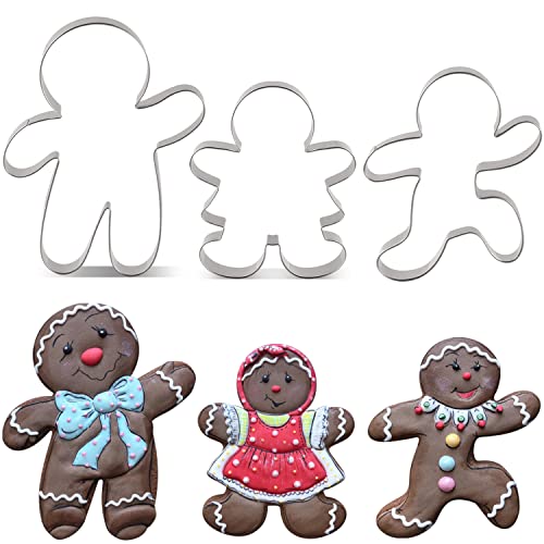 LILIAO Gingerbread Man Cookie Cutter Set Winter Christmas - 3 Piece - Gingerbread Girl, Running Gingerbread Man and Extra Large Waving Gingerbread Man Biscuit Cutters - Stainless Steel