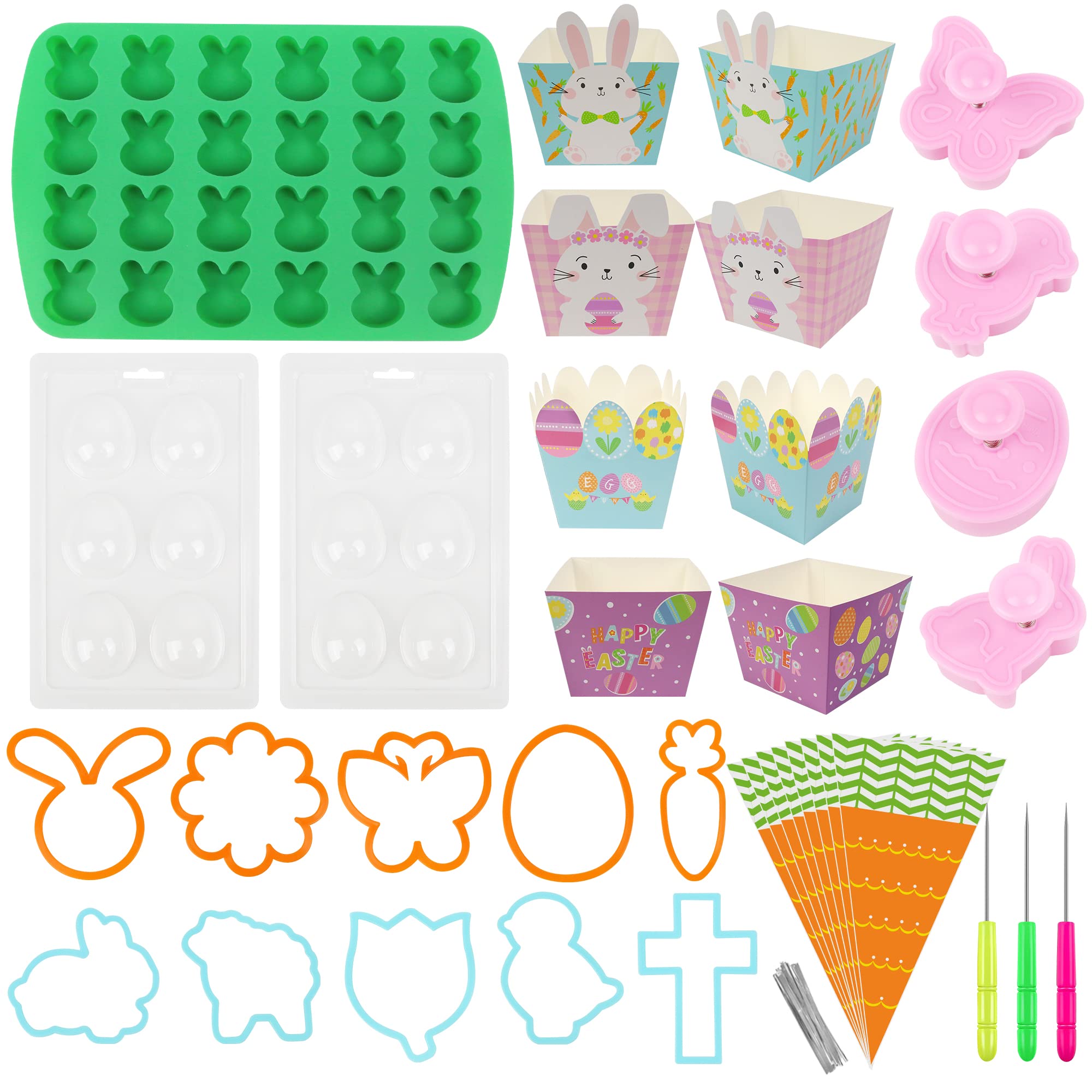 Cookie Decorating Supplies Kit,with 14pcs Cookie Cutter,Silicone Mold,Carrot Transparent Cone Cello Bags,Mini Paper Buckets and Egg Chocolate Mold for Beginners and Decorator