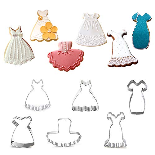 Dress Cookie Cutter Set- Set of 6 -Include Braces Skirt, Wedding Dress, Black Dress, Little Girl Dress, Tutu and Princess Dress - Stainless Steel