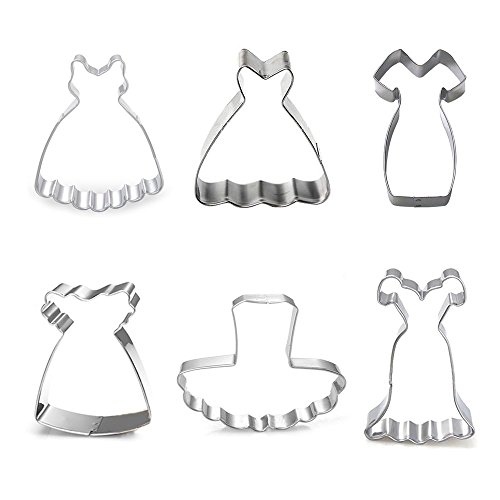 Dress Cookie Cutter Set- Set of 6 -Include Braces Skirt, Wedding Dress, Black Dress, Little Girl Dress, Tutu and Princess Dress - Stainless Steel