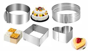 haoying 4 pcs bakeware set, 7-layer cake slicer cutter 9.5"-12",cake ring 6"-12", square cake mold 6"-11", heart shape cake mold 4", stainless steel pastry slicing rings mousse mould baking tools