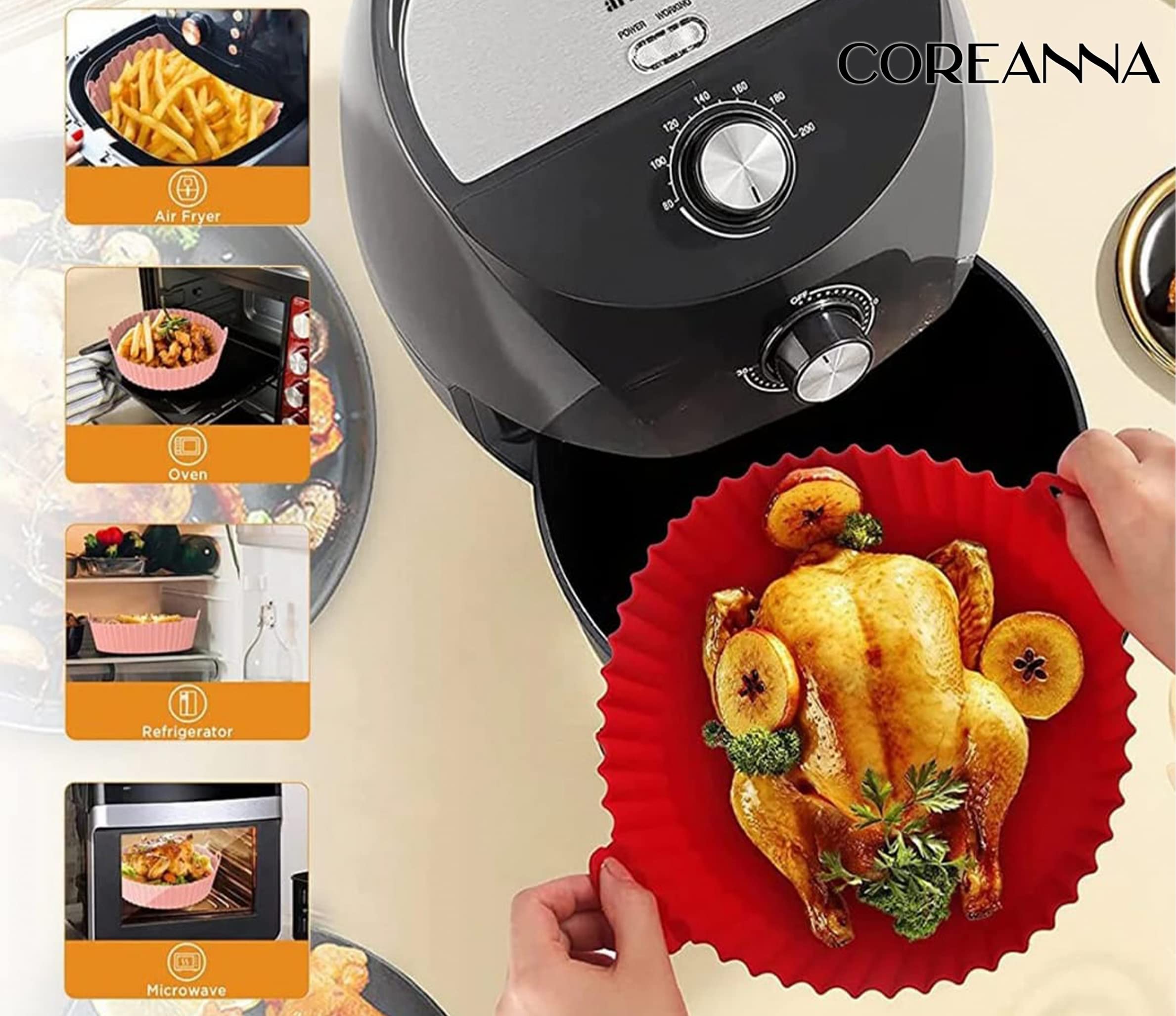 COREANNA Air Fryer Liners - "2-Pack Silicone Air Fryer Silicone Liners - Reusable, Heat Resistant, and Easy to Clean Replacement Pot for Air Fryer Oven Accessories - "Red"