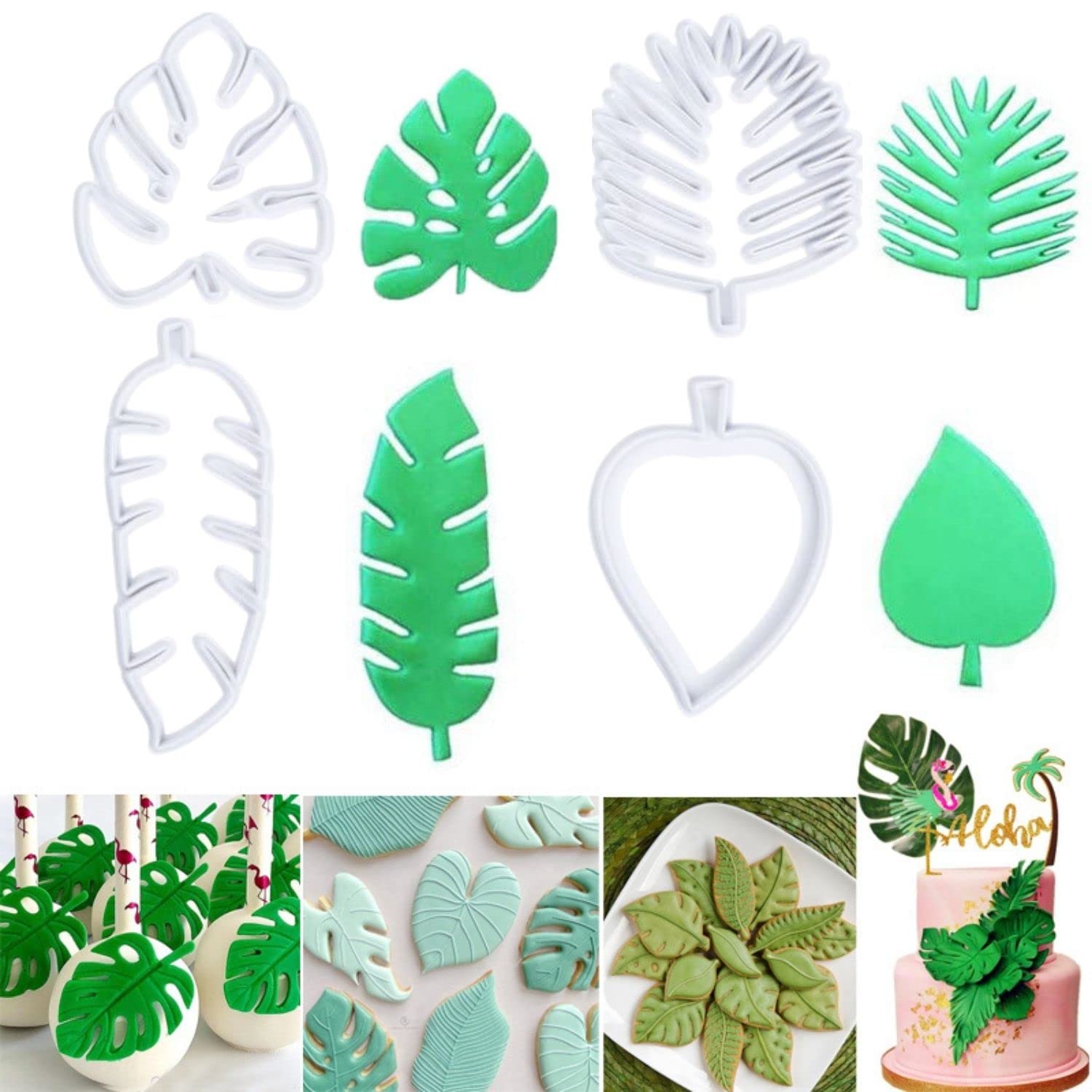 Crethinkaty Tropical Leaf Cookie Cutter Shapes Set for Cake Decorating 4 Pieces Plastic Big Size Fondant Icing Cutters DIY Baking Tool