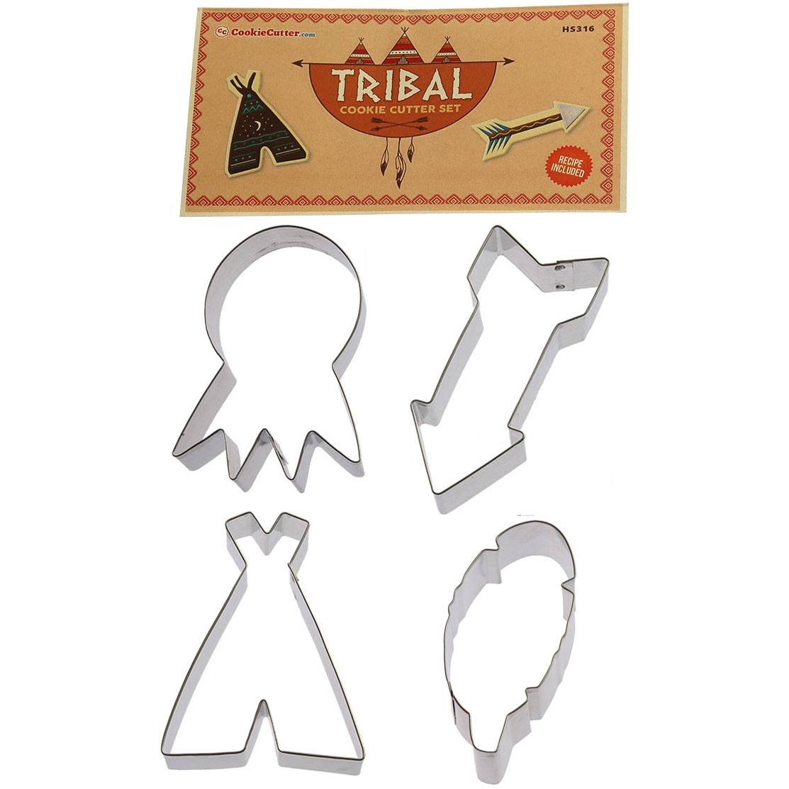 Foose Brand - Tribal Cookie Cutter 4 Pc Set – 4.5" Feather, 4" Teepee, 4.5" Arrow, 4.5 Dream Catcher Cookie Cutters and Recipe Card Hand Made in the USA from Tin Plated Steel