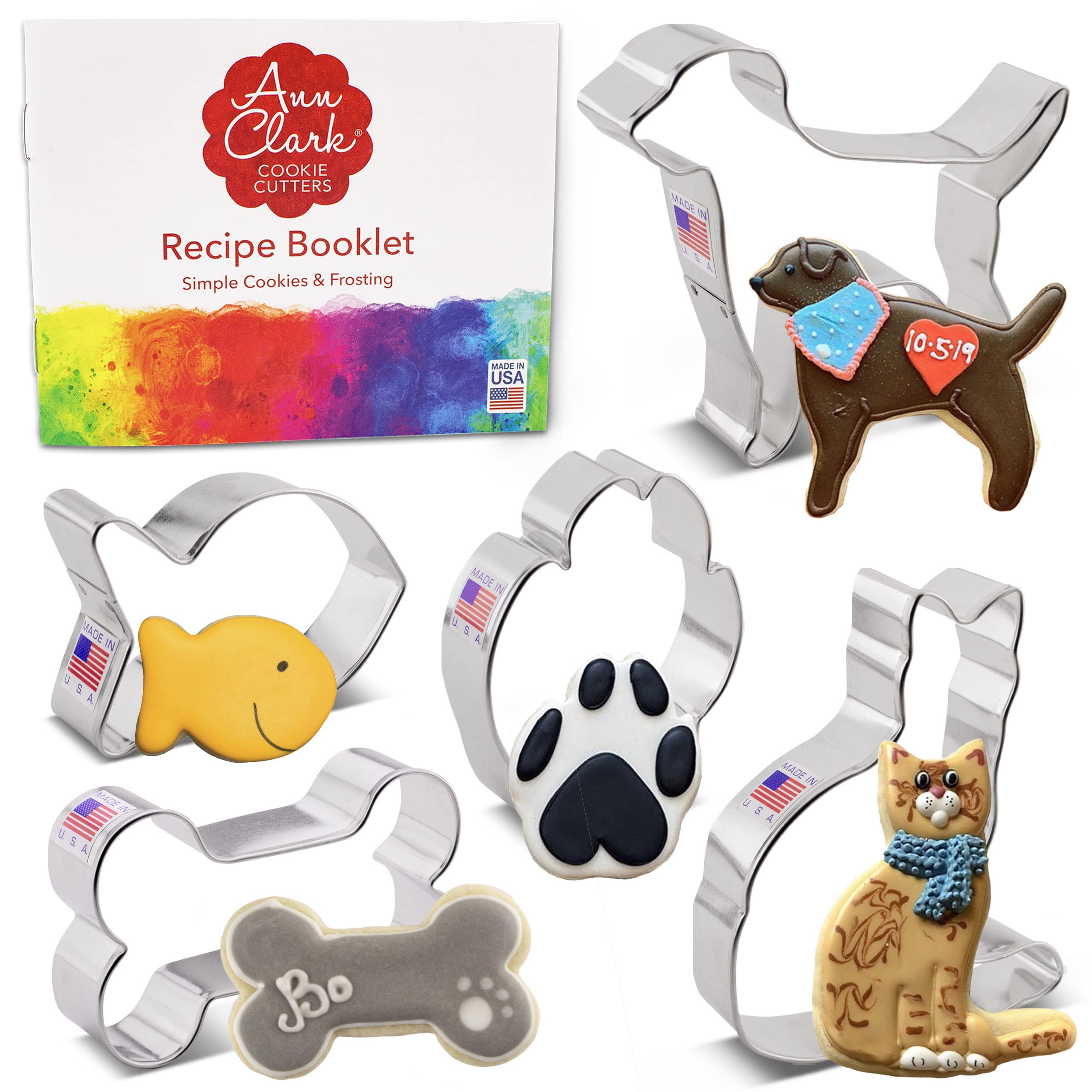 Pet Cookie Cutters 5-Pc. Set Made in the USA by Ann Clark, Paw Print, 4" Bone, Labrador, Curled Cat, Goldfish