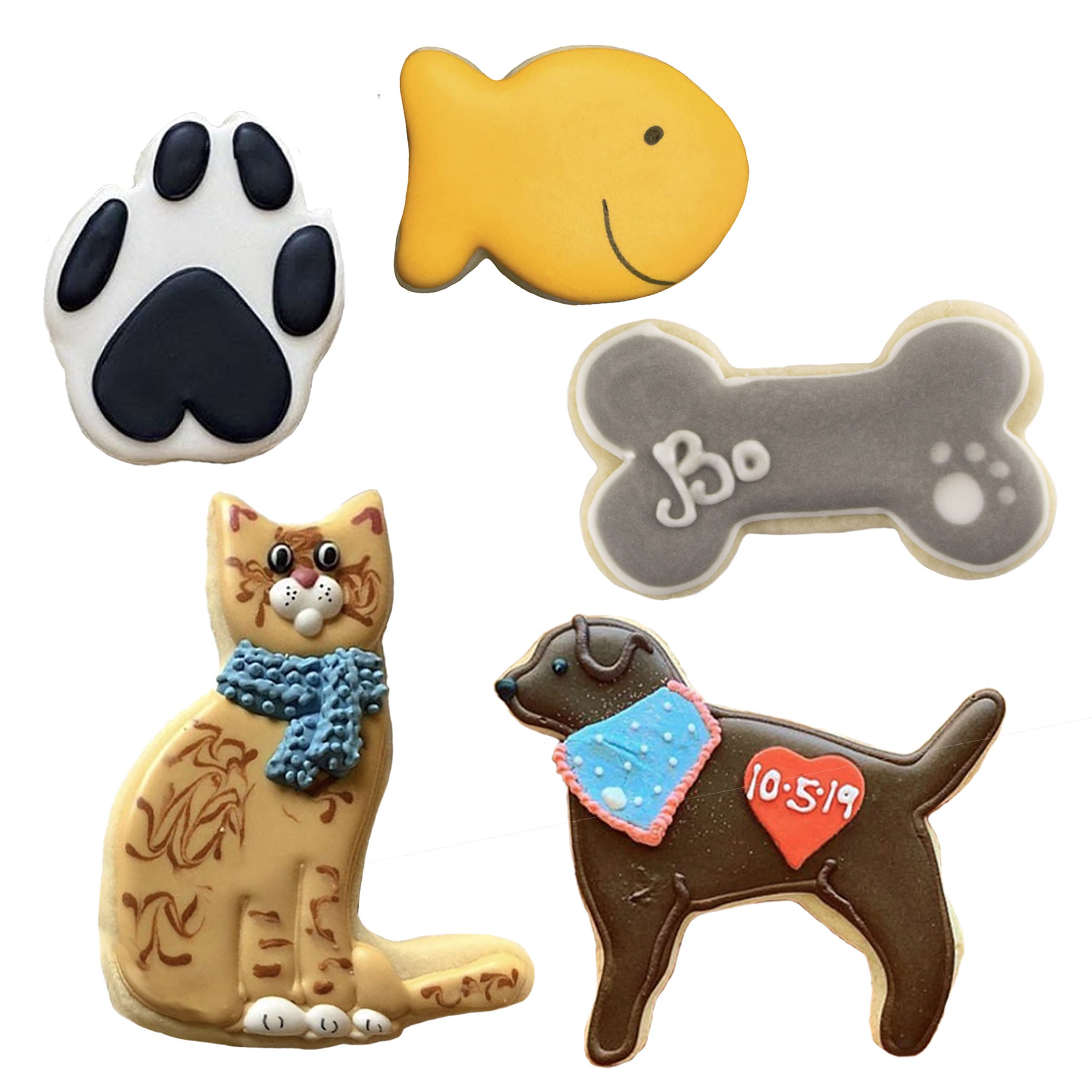 Pet Cookie Cutters 5-Pc. Set Made in the USA by Ann Clark, Paw Print, 4" Bone, Labrador, Curled Cat, Goldfish