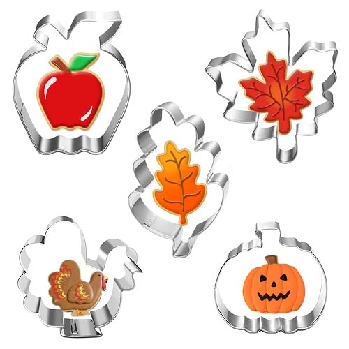 LUBTOSMN New Large Thanksgiving Cookie Cutter Set-5 Pieces-Turkey, Pumkin, Apple, Maple Leaf and Oak Leaf-Fall Holiday Cookie Cutters Fondant Biscui Cutters