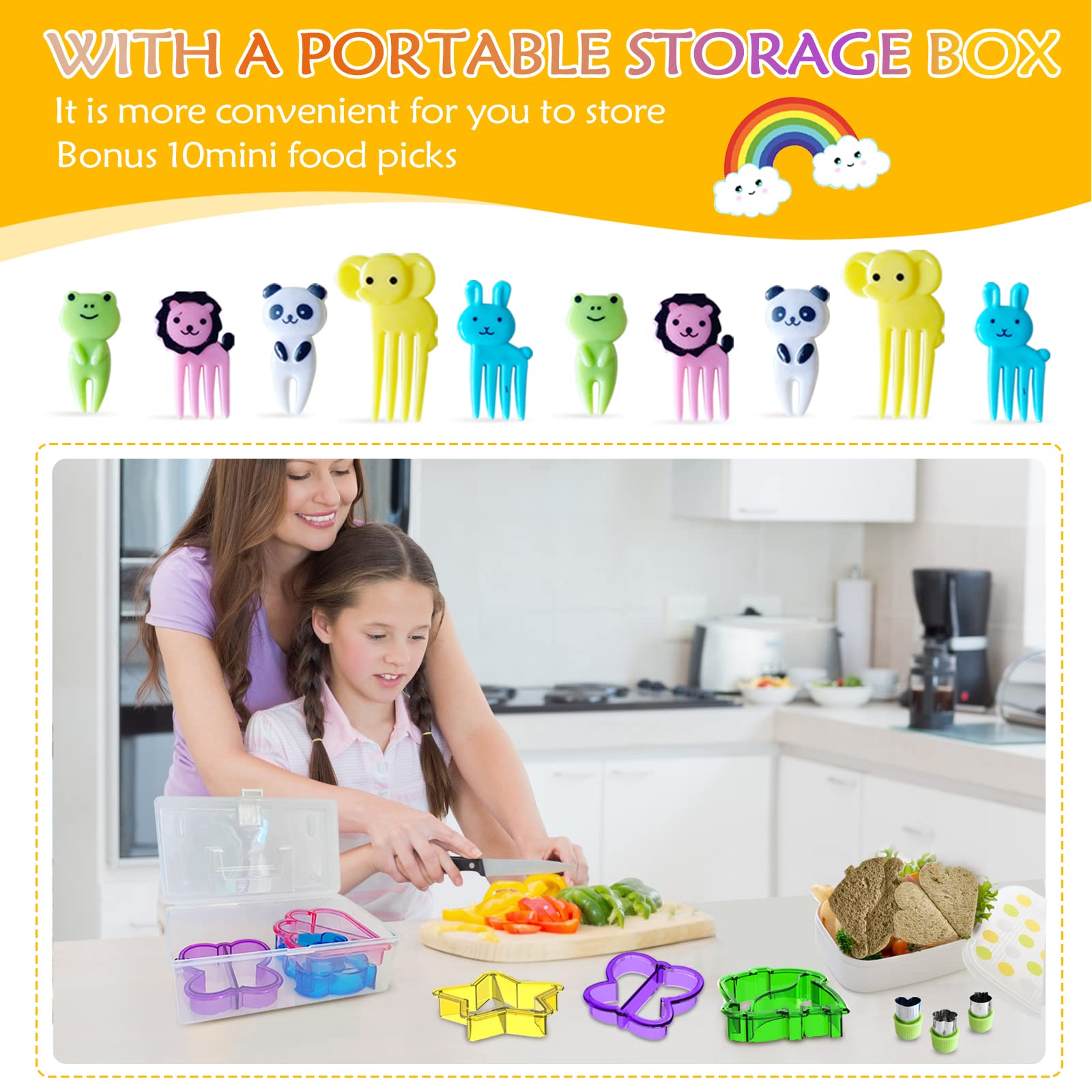 Sandwich Cutters for Kids,21 Pieces with Storage Box, 5 Kids Sandwich Cutters Shapes, 6 Fruit Vegetable Cutters Shapes,10 Food Picks,Sandwich Crust Cutter Set.Very Suitable for Kids Lunch Shape.