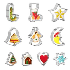 christmas cookie cutters, 10 pcs 2 inches stainless steel for xmas/holiday/party supplies/gifts-snowflake, bell, christmas tree, star, moon, angle, heart & more cookie cutters christmas shapes