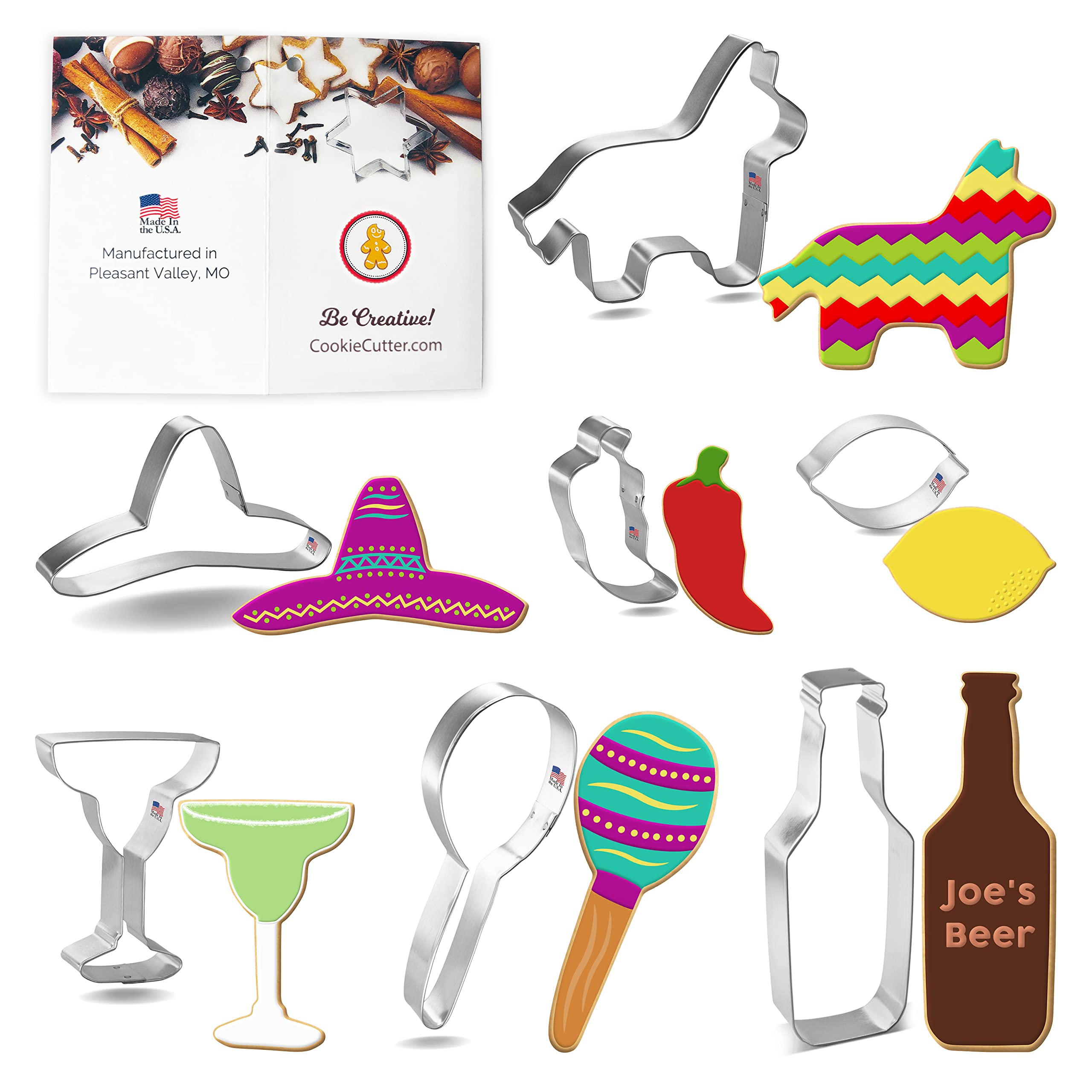 Foose Cookie Cutters Fiesta 7 Piece Set Margarita 4 in Margarita Glass, 4.75 in Pinata, 2.75 in Lemon, 4.75 in Sombrero, 5.5 in Maraca, 3 in Chili Pepper, 6 in Beer Bottle, USA Made