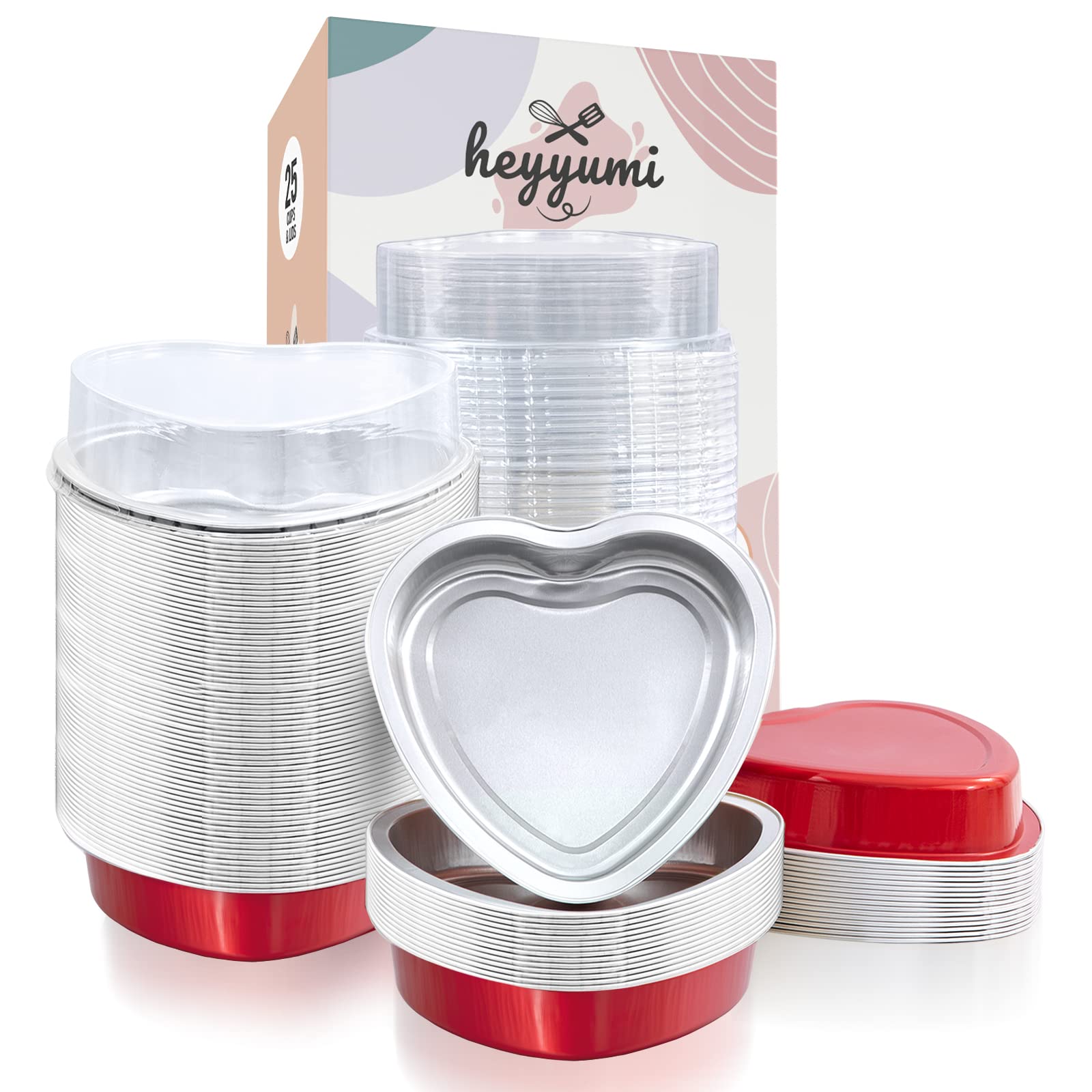 HEYYUMI Aluminum Foil Mini Heart Cake Pan, 25pcs 9oz Disposable Heart Shaped Cake Pans with Lids,Cupcake Liners Muffin Tins,Cupcake Baking Cups Ramekins Containers for Valentine's Day(Red)