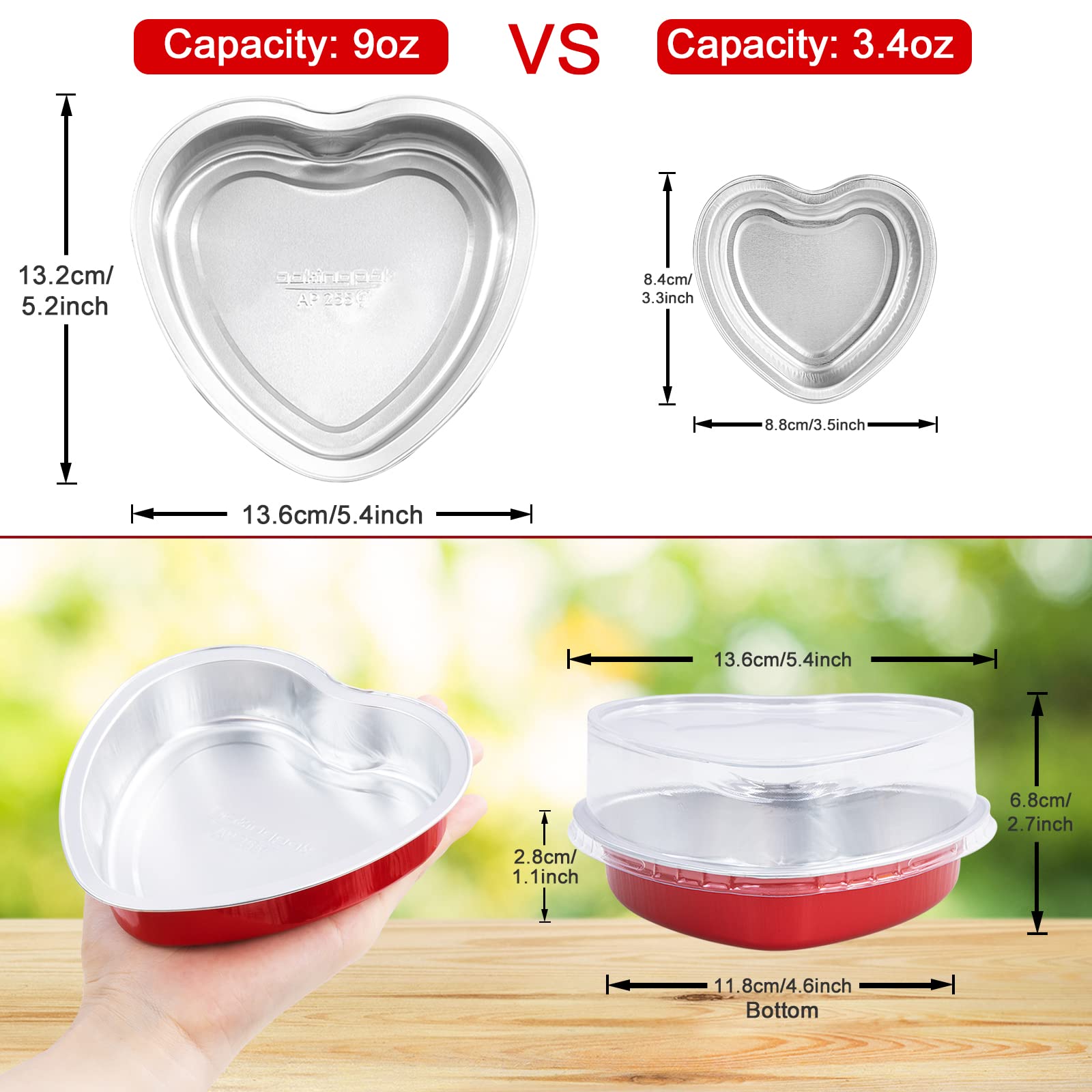 HEYYUMI Aluminum Foil Mini Heart Cake Pan, 25pcs 9oz Disposable Heart Shaped Cake Pans with Lids,Cupcake Liners Muffin Tins,Cupcake Baking Cups Ramekins Containers for Valentine's Day(Red)