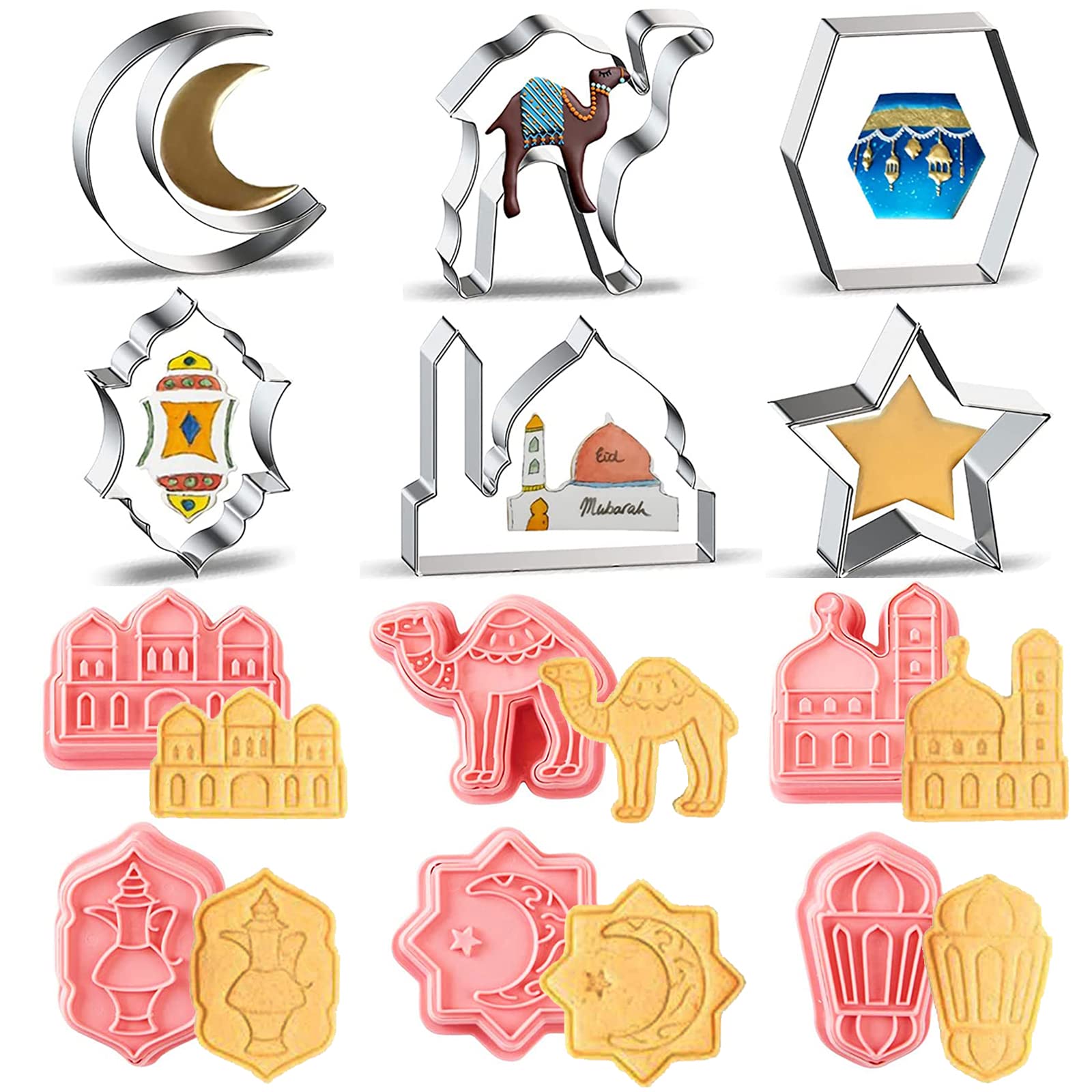 Kavoc 12 Pieces Eid Mubarak Cookie Cutters with Plunger Stamps Set, Ramadan Islamic Muslim Biscuit Molds Star Lantern Moon 3D Cookie Stamper for Eid Mubarak Decor Muslim Party Baking Supplies (Eid)