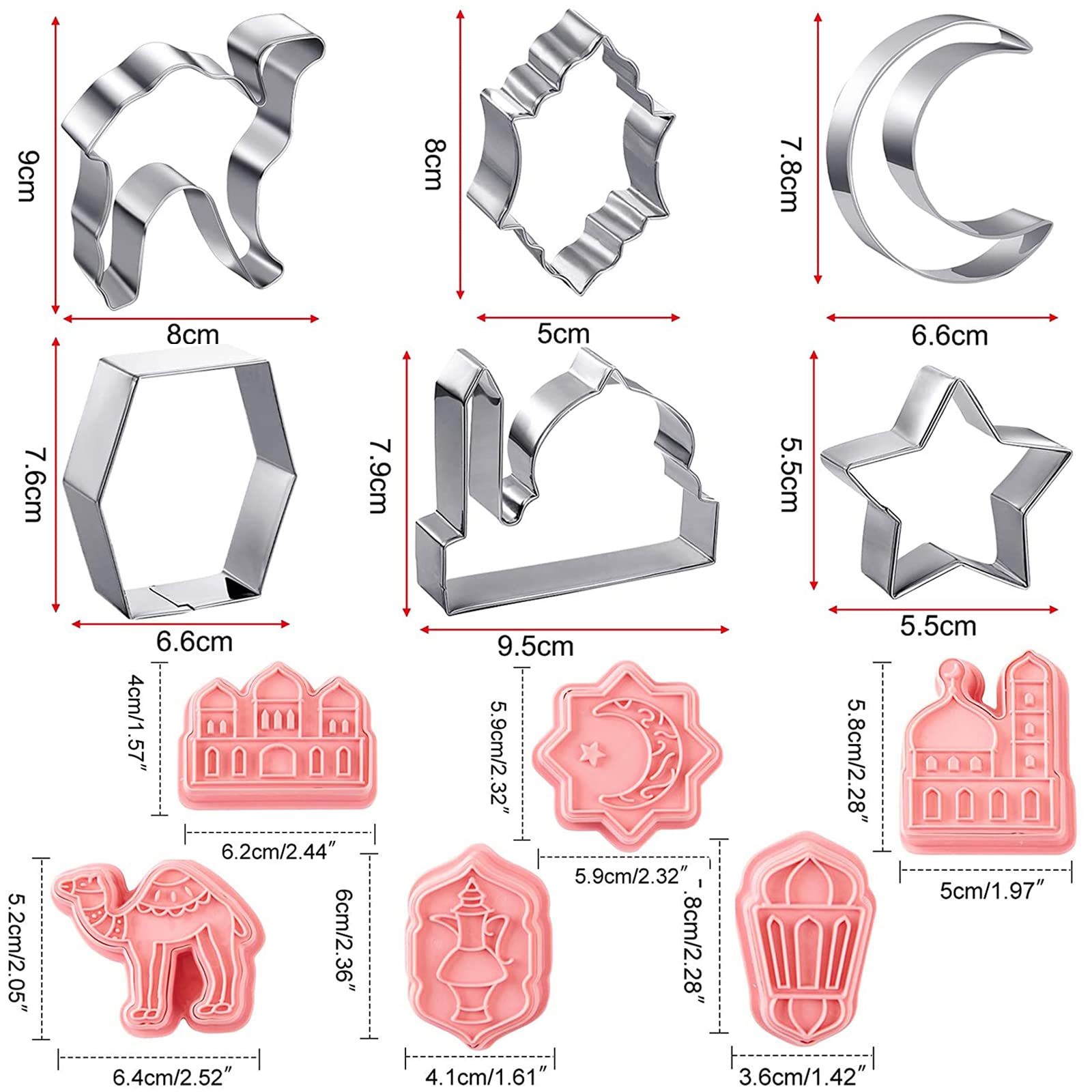 Kavoc 12 Pieces Eid Mubarak Cookie Cutters with Plunger Stamps Set, Ramadan Islamic Muslim Biscuit Molds Star Lantern Moon 3D Cookie Stamper for Eid Mubarak Decor Muslim Party Baking Supplies (Eid)