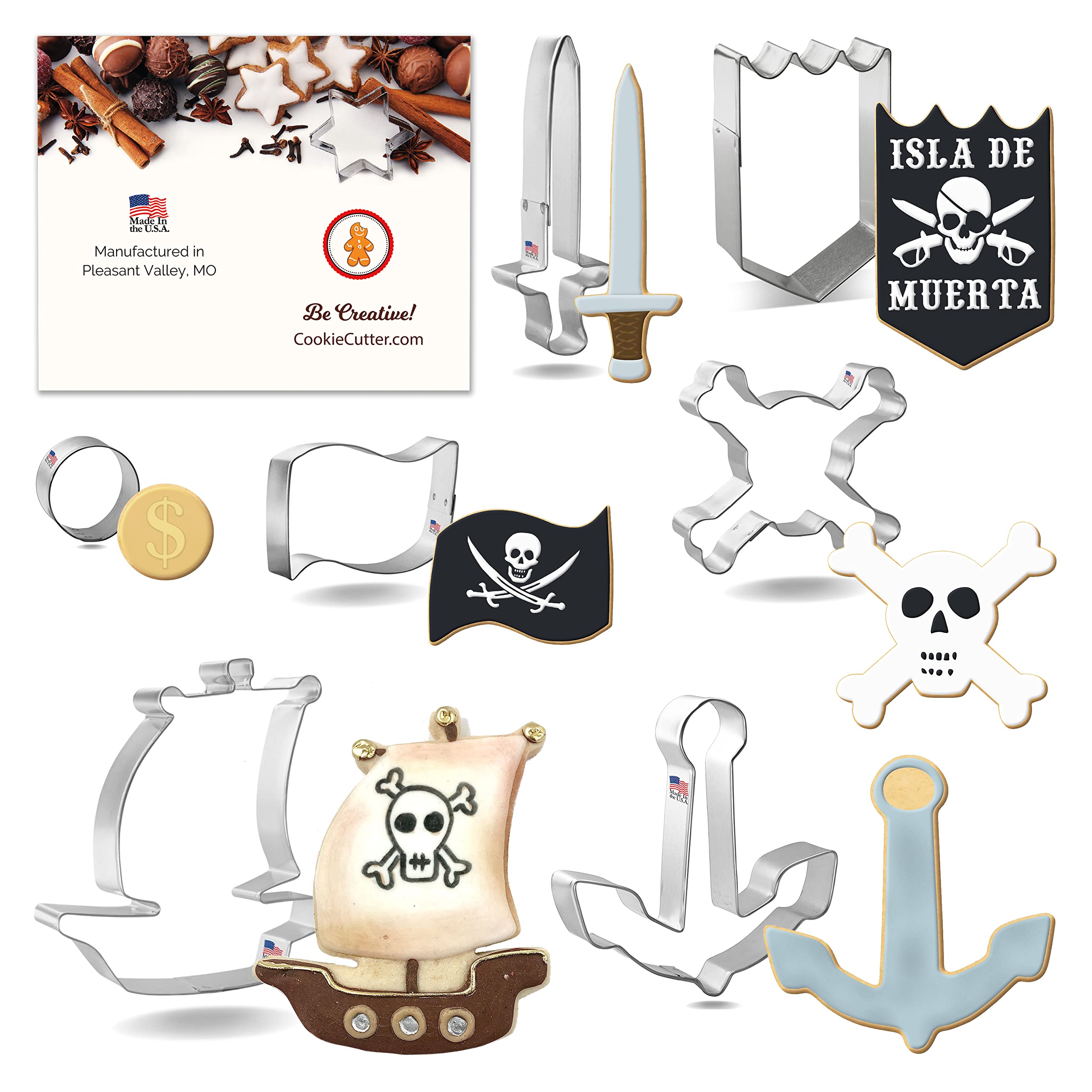 Foose Cookie Cutters 7 Piece Birthday Pirate Cookie Cutter Set Ship, Flag, Skull & Crossbones, USA