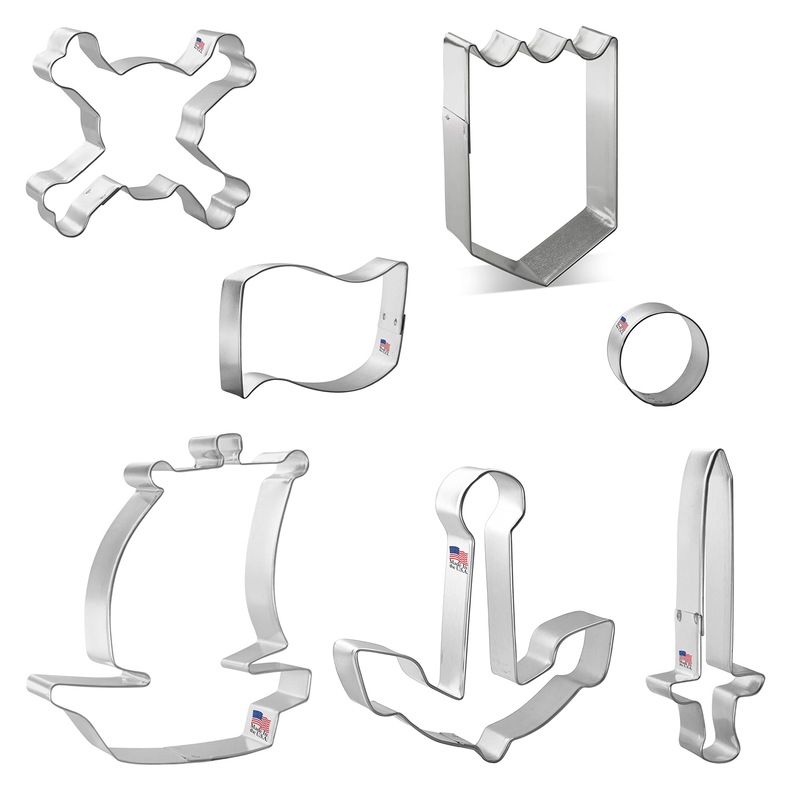 Foose Cookie Cutters 7 Piece Birthday Pirate Cookie Cutter Set Ship, Flag, Skull & Crossbones, USA