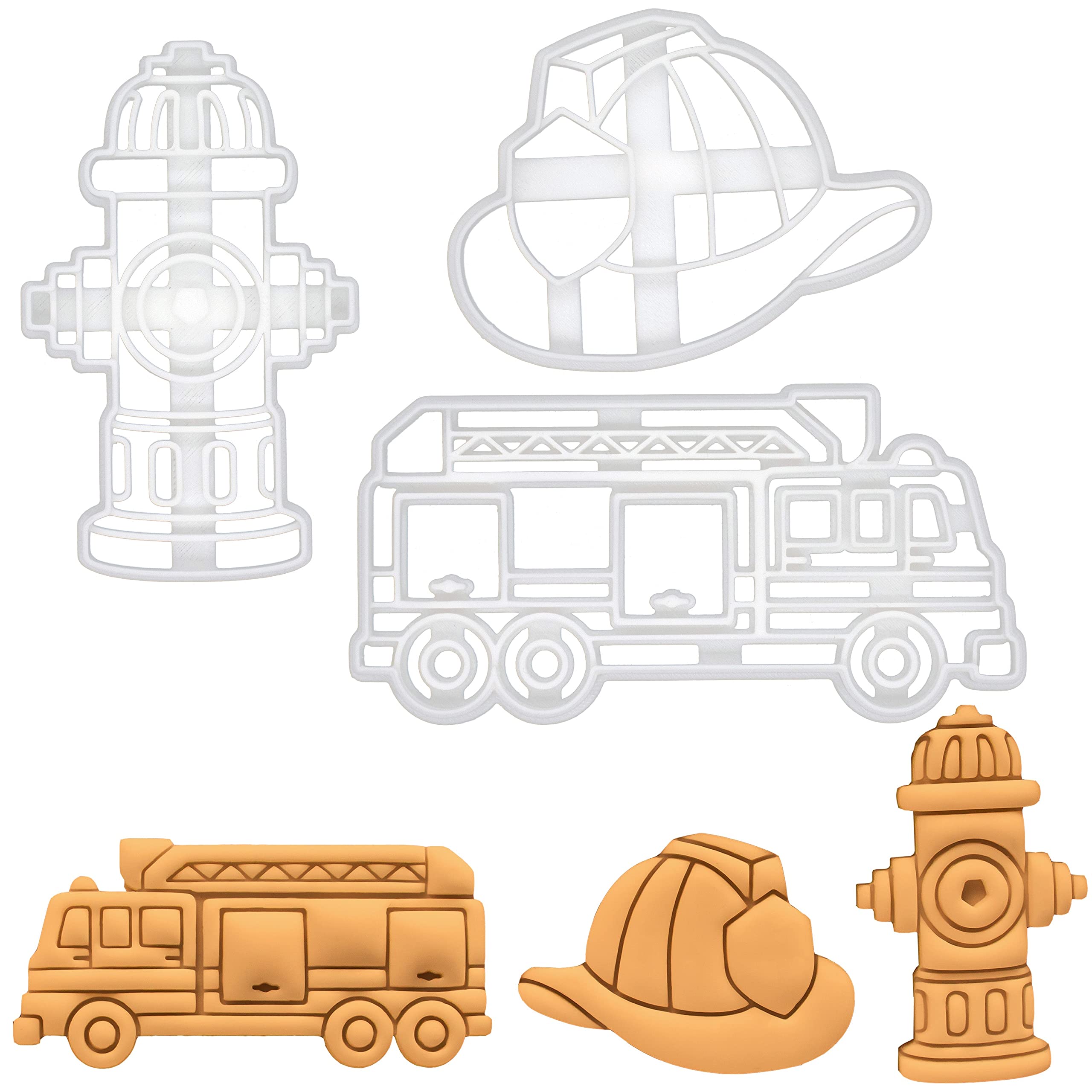 Set of 3 Fireman themed cookie cutters (Designs: Fire Truck, Fire Hydrant, and Fire Helmet), 3 pieces - Bakerlogy