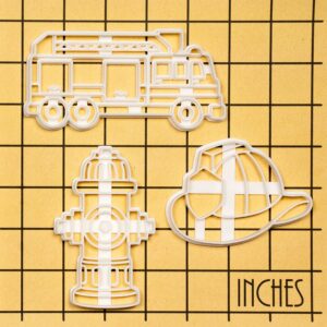 Set of 3 Fireman themed cookie cutters (Designs: Fire Truck, Fire Hydrant, and Fire Helmet), 3 pieces - Bakerlogy