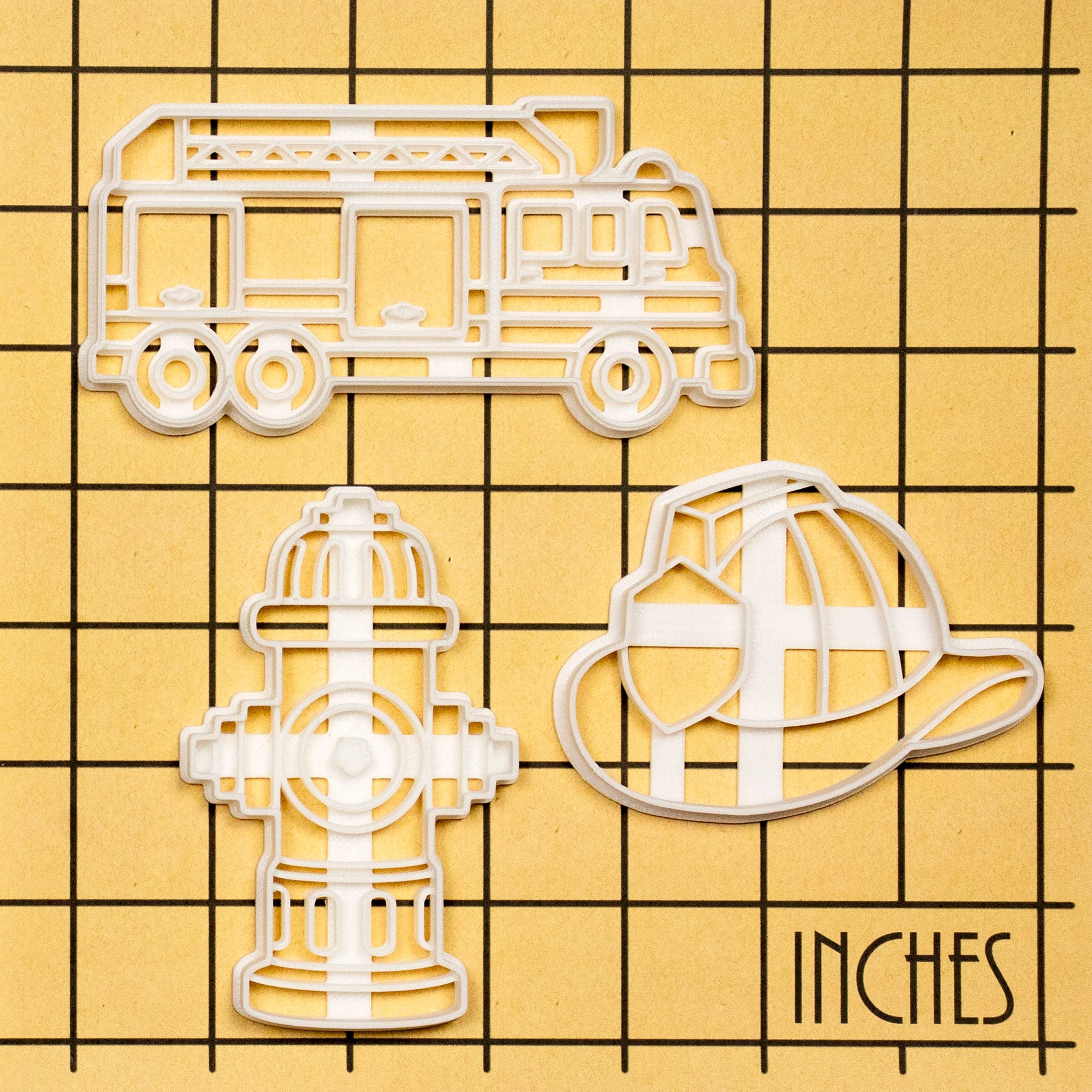 Set of 3 Fireman themed cookie cutters (Designs: Fire Truck, Fire Hydrant, and Fire Helmet), 3 pieces - Bakerlogy