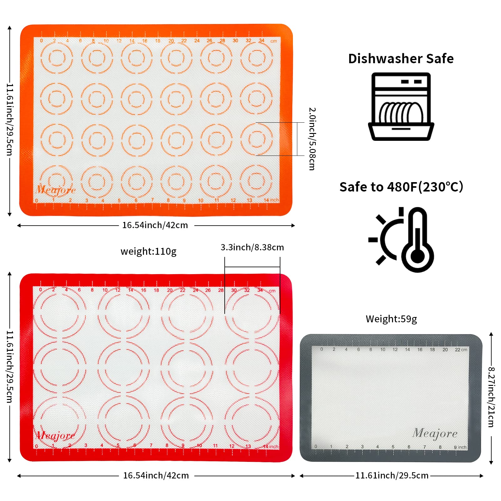 Silicone Baking Mat Set of 3, 2 Large Baking Mat (11.5"X16.5"), 1 Quarter Baking Sheets, Non-Stick Reusable Macaron Silicone Mats for Cookie, Macaron, Pizza, Bread, Bun