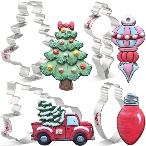 LILIAO Christmas Cookie Cutter Set, 4-pc, Pickup Truck with Christmas Tree, Christmas Tree, Light Bulb and Christmas Ornament Biscuit Fondant Cutters, Stainless Steel