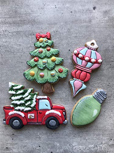 LILIAO Christmas Cookie Cutter Set, 4-pc, Pickup Truck with Christmas Tree, Christmas Tree, Light Bulb and Christmas Ornament Biscuit Fondant Cutters, Stainless Steel