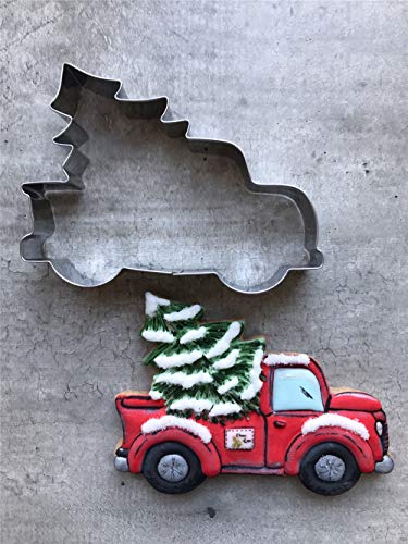 LILIAO Christmas Cookie Cutter Set, 4-pc, Pickup Truck with Christmas Tree, Christmas Tree, Light Bulb and Christmas Ornament Biscuit Fondant Cutters, Stainless Steel