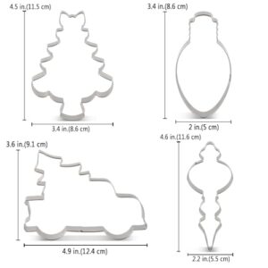 LILIAO Christmas Cookie Cutter Set, 4-pc, Pickup Truck with Christmas Tree, Christmas Tree, Light Bulb and Christmas Ornament Biscuit Fondant Cutters, Stainless Steel