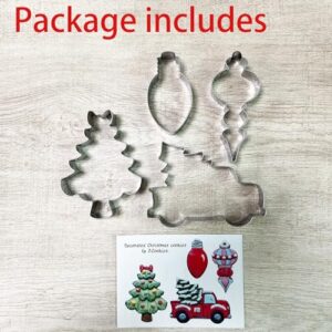 LILIAO Christmas Cookie Cutter Set, 4-pc, Pickup Truck with Christmas Tree, Christmas Tree, Light Bulb and Christmas Ornament Biscuit Fondant Cutters, Stainless Steel