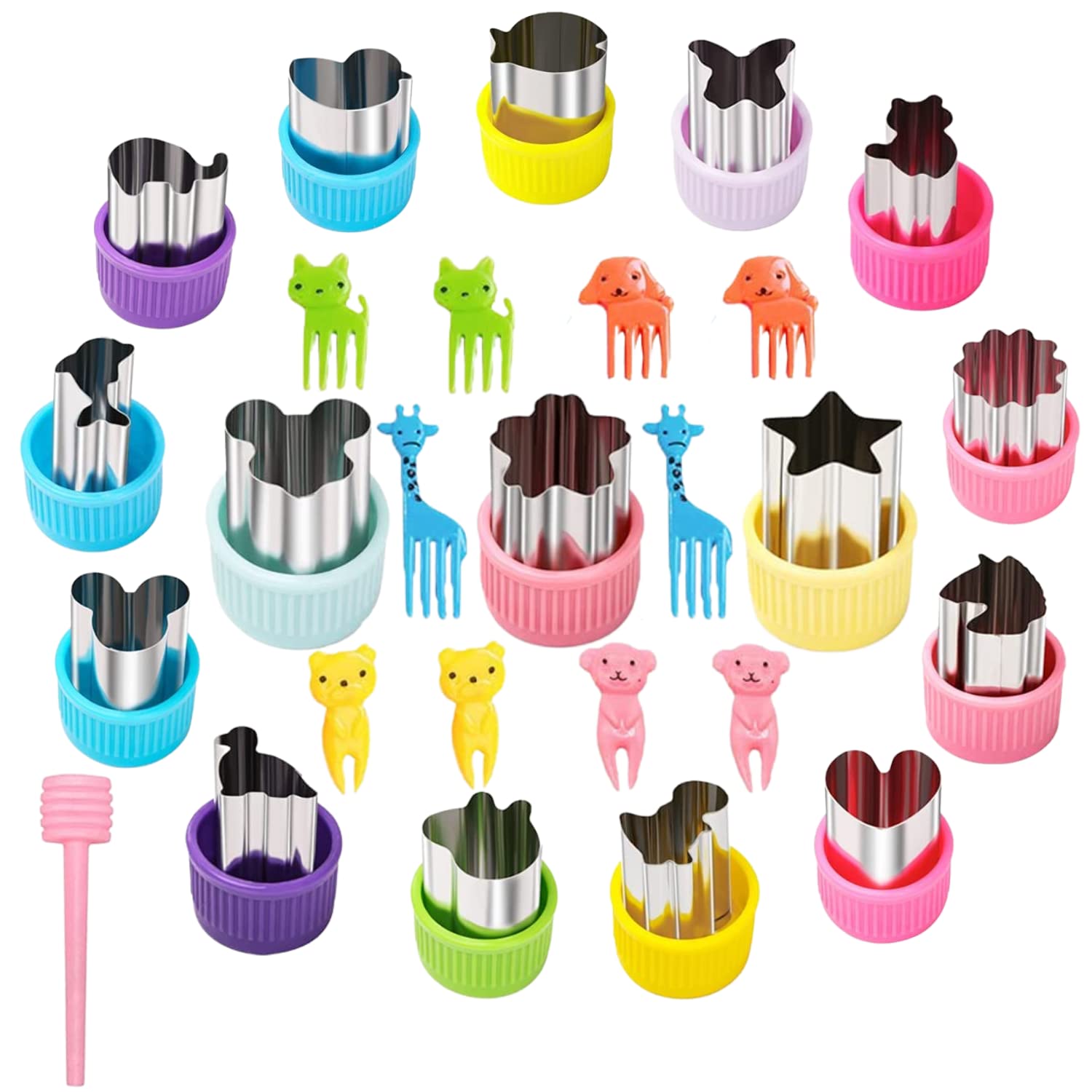 Crethinkaty 16 Pieces Fruit Shape Cutters Vegetable Cutter Set Mini Animal Cookie Cutters Fruit Stamps Mold 10 PCS Cute Cartoon Animals Food Picks and Forks