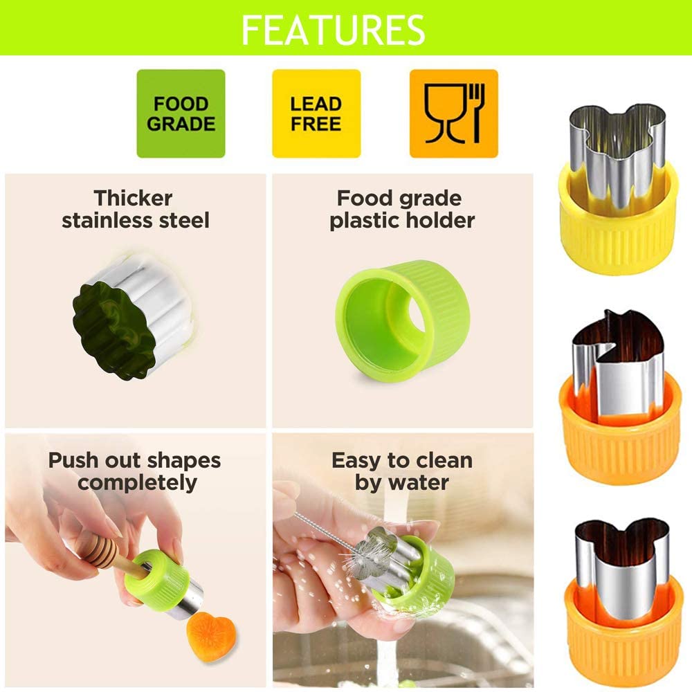 Crethinkaty 16 Pieces Fruit Shape Cutters Vegetable Cutter Set Mini Animal Cookie Cutters Fruit Stamps Mold 10 PCS Cute Cartoon Animals Food Picks and Forks