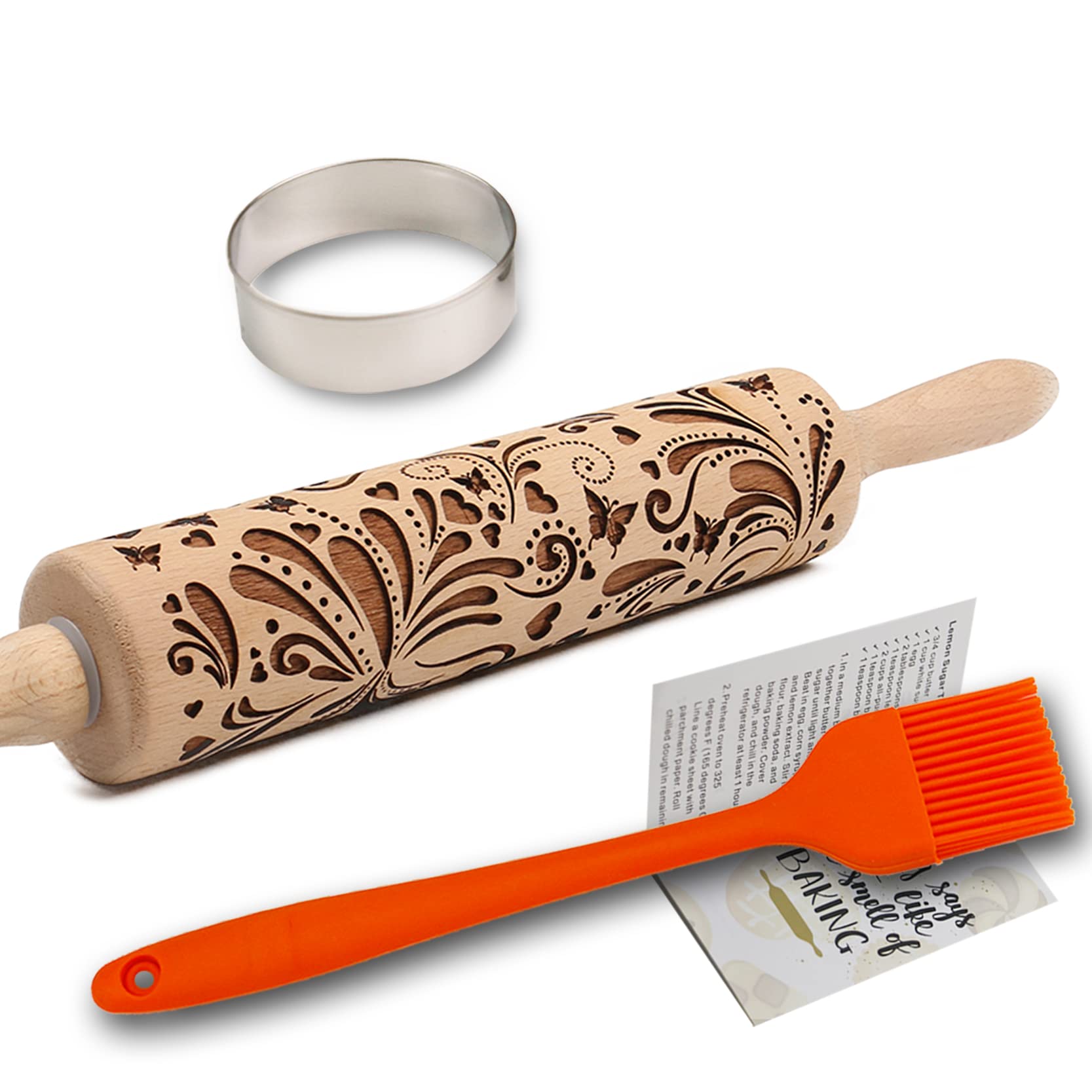 Floral Butterfly Embossed Rolling Pins for Baking Cookies Paisley Transfer Wooden Embossing Rolling Pin Beech Laser Cut Engraved 3D Dough Roller Christmas Impression Basting Brush Cookie Cutter Flower